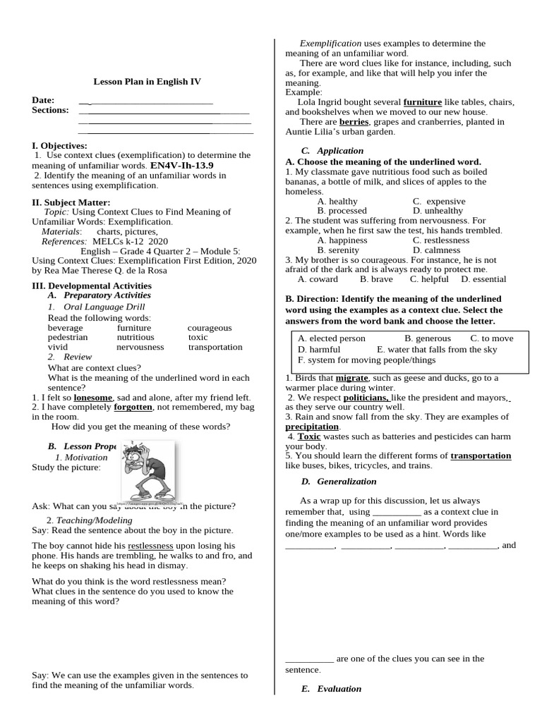 Lesson 2 Context Clues Exemplification | PDF