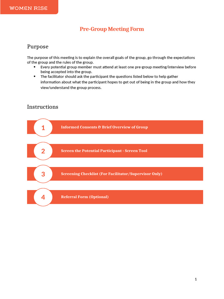 Women Rise Tool 01. Pre Group Meeting Form (1) | PDF | Cognition ...