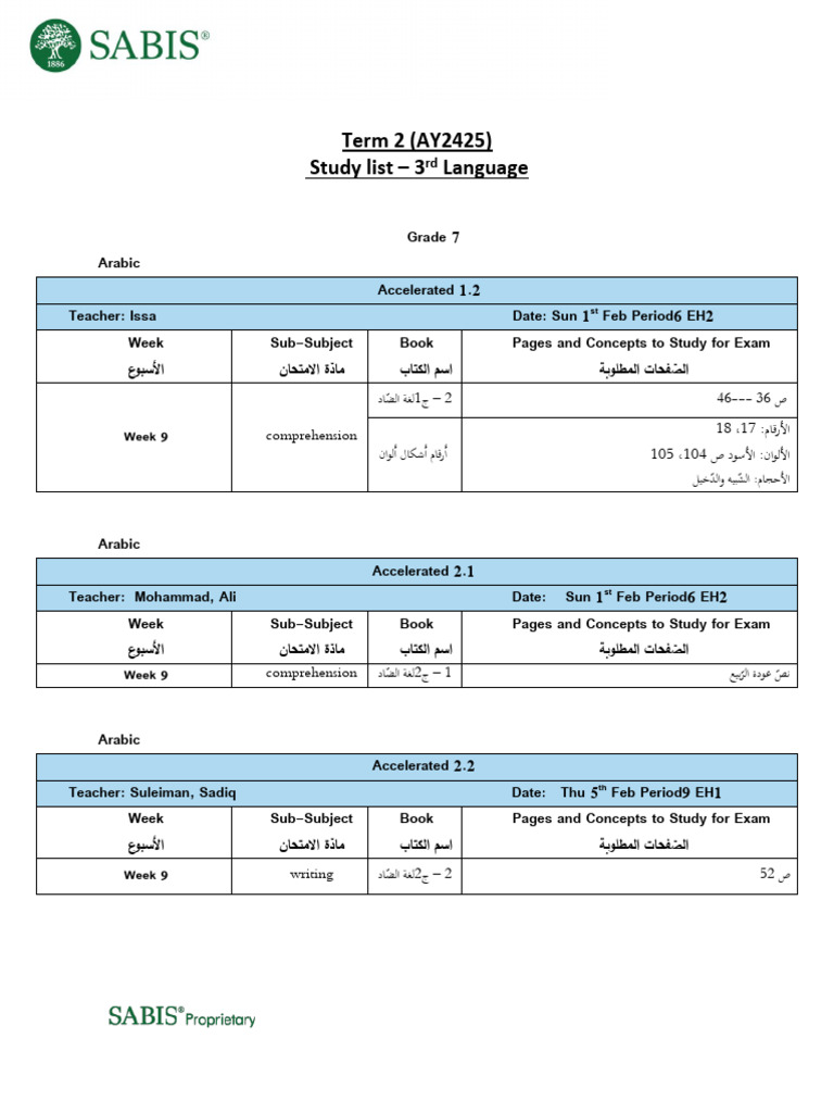 Arabic Study Lists W9 T2 3L (AY2425) - G7 | PDF