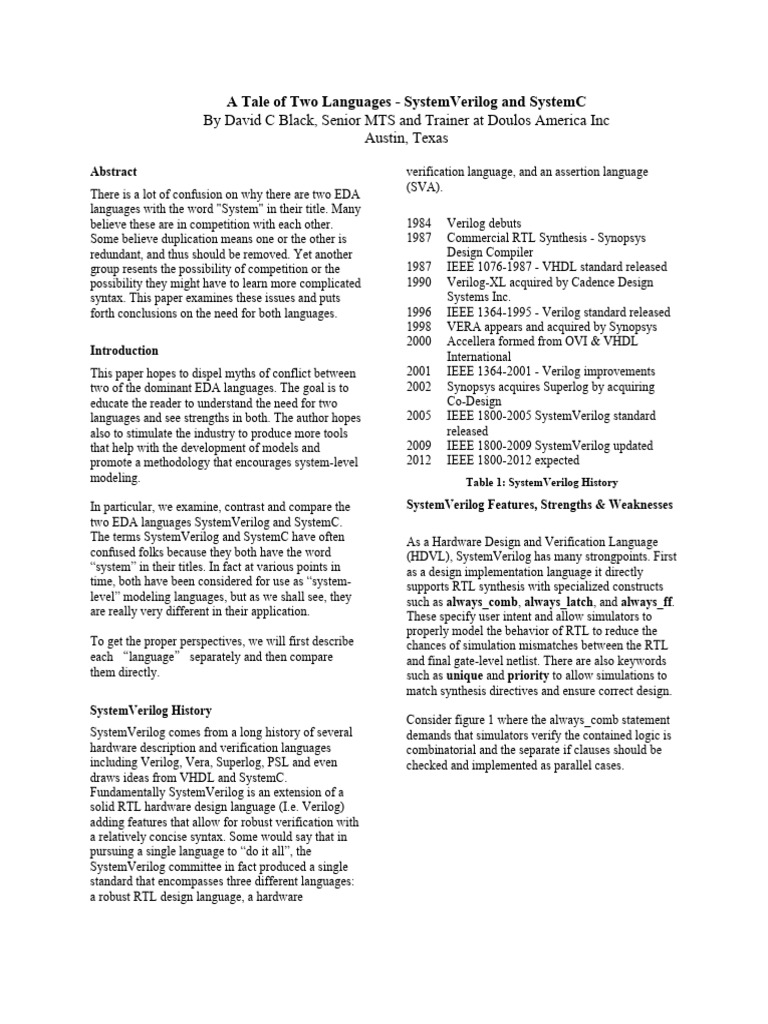 A Tale of Two Languages Systemverilog and Systemc | PDF | Vhdl | Formal ...