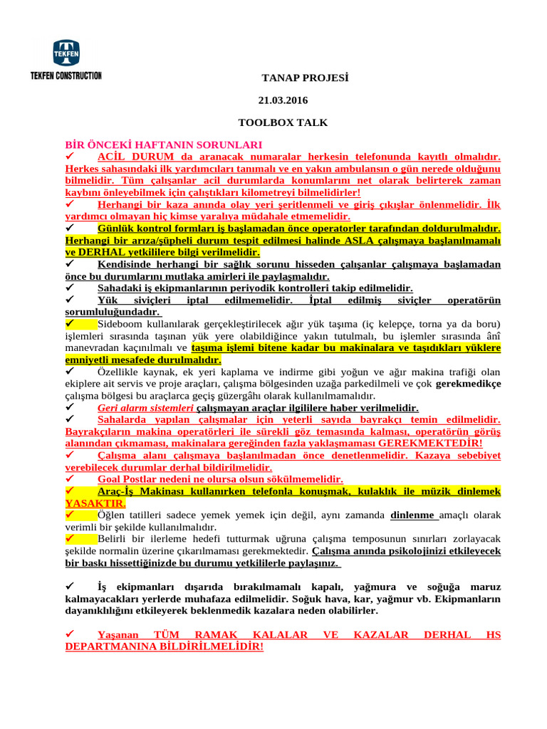 012. Haftalık ToolBox Talk 21.03.2016 - 27.03.2016 | PDF