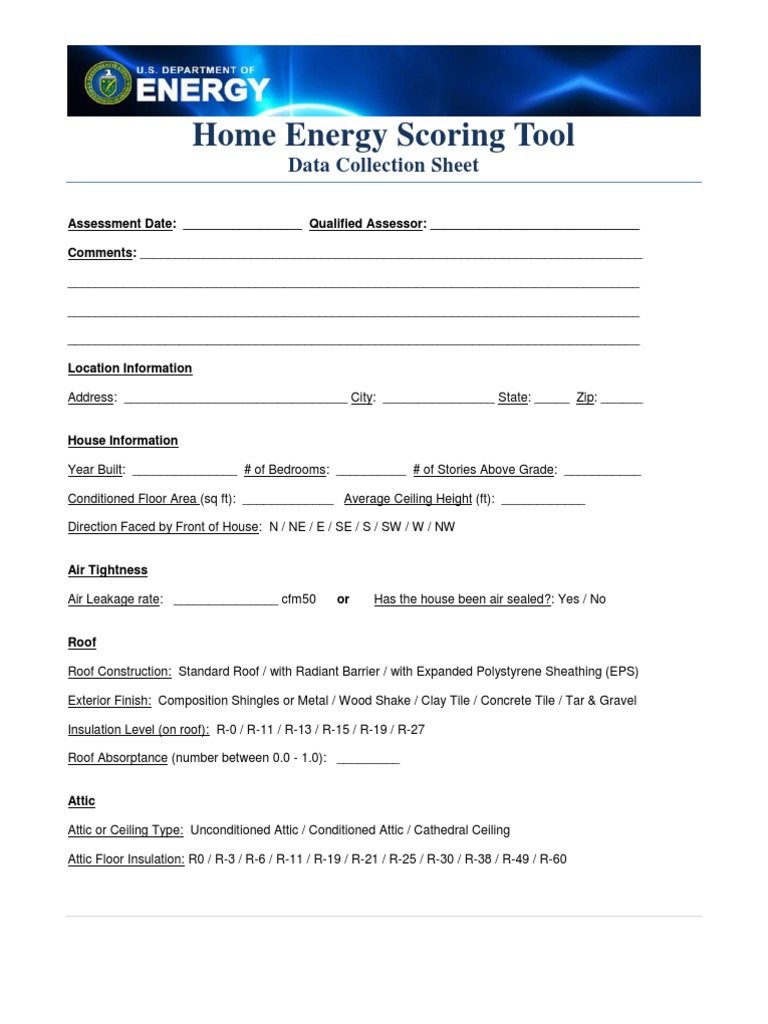 Home Energy Scoring Tool: Data Collection Sheet | PDF | Furnace | Water ...