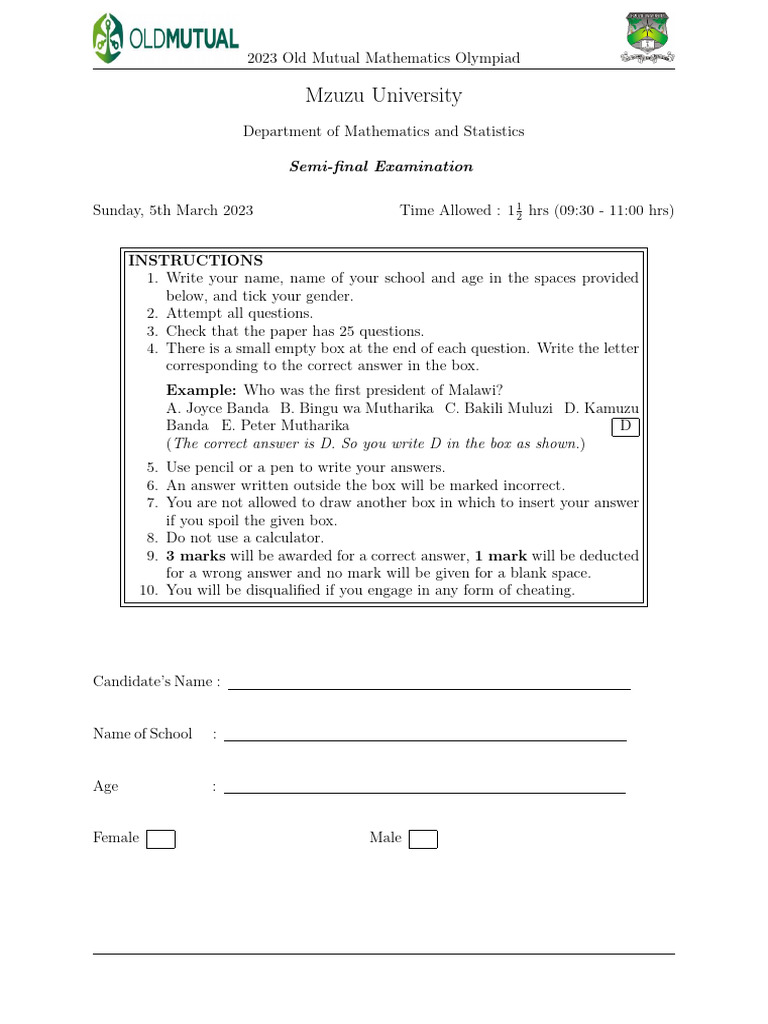 2023 Old Mutual Semi-Final Exam | PDF | Mathematics | Mathematical Concepts