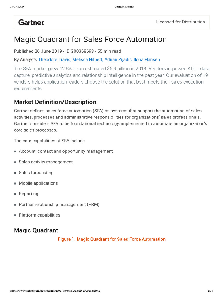 Travis. Magic Quadrant For Sales Force Automation | PDF | Customer ...