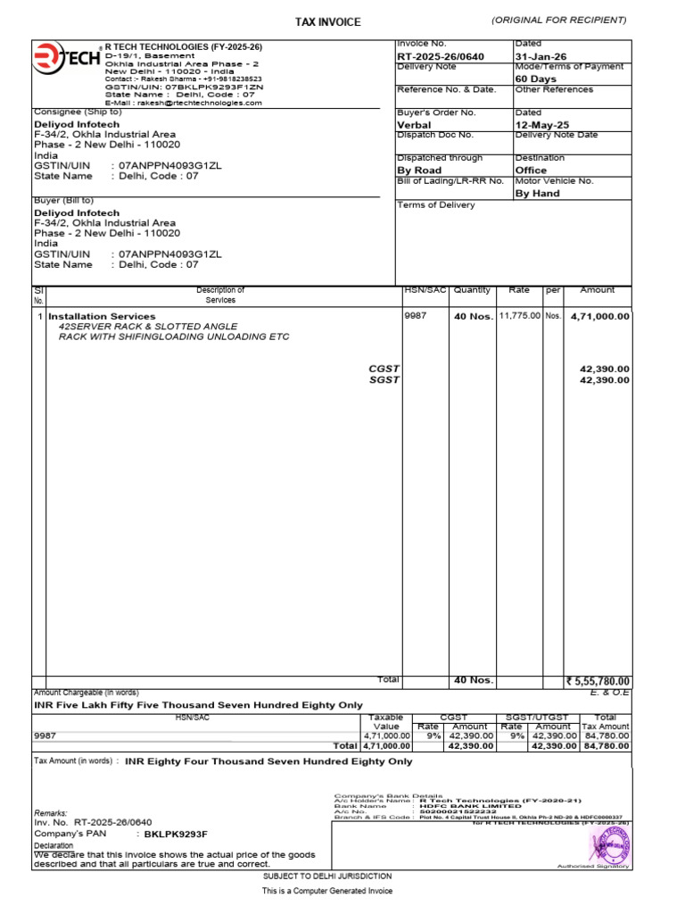 Installation Bill Deliyod Infotech | PDF | Payments | Taxes