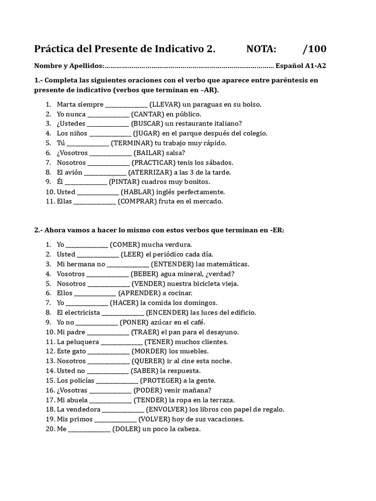 Ejercicios. Modelo 2. Presente de Indicativo 2 | PDF