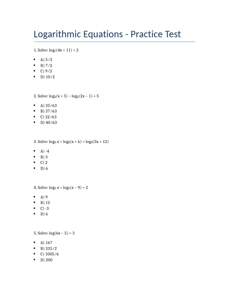 Logarithmic Equations Test Final Updated | PDF