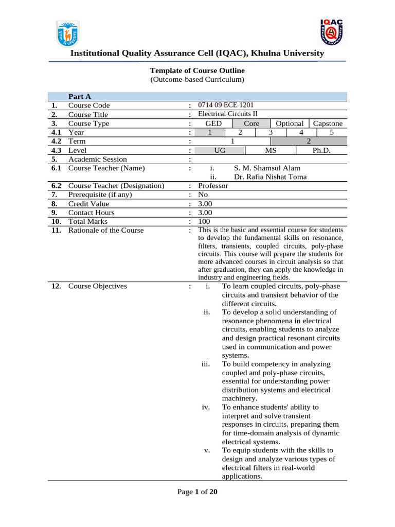071409ECE1201 IQAC Course Outline | PDF | Inductance | Alternating Current