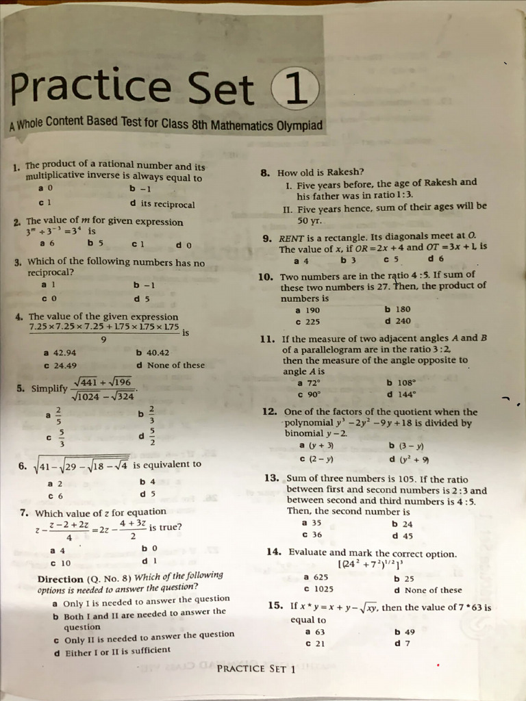 IMO CLASS 8 Practice Ex 1 | PDF | Ratio | Mathematics