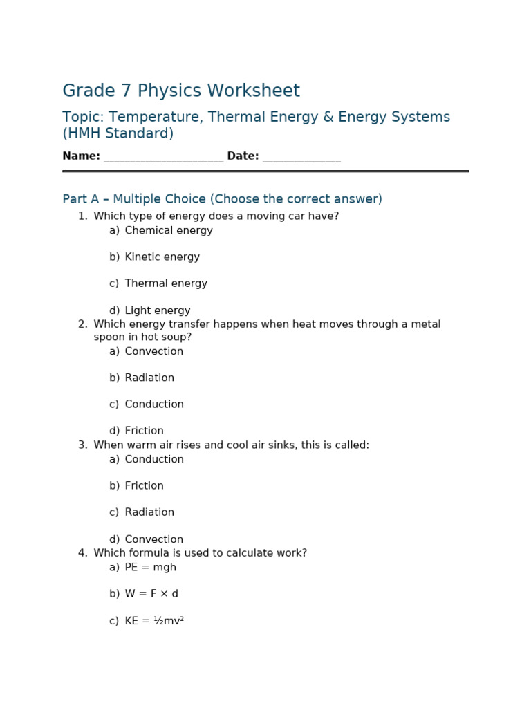 Grade 7 Physics Worksheet – Energy & Thermal Energy (Hmh Standard ...