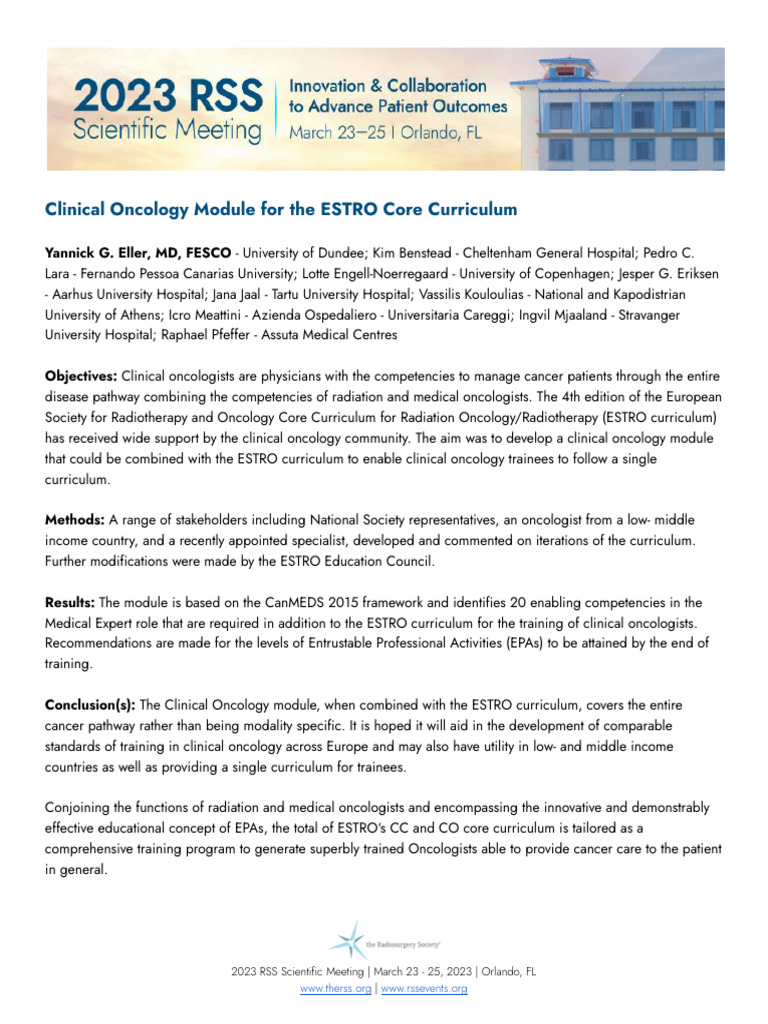 Clinical Oncology Module for the ESTRO Core Curriculum | PDF | Oncology ...