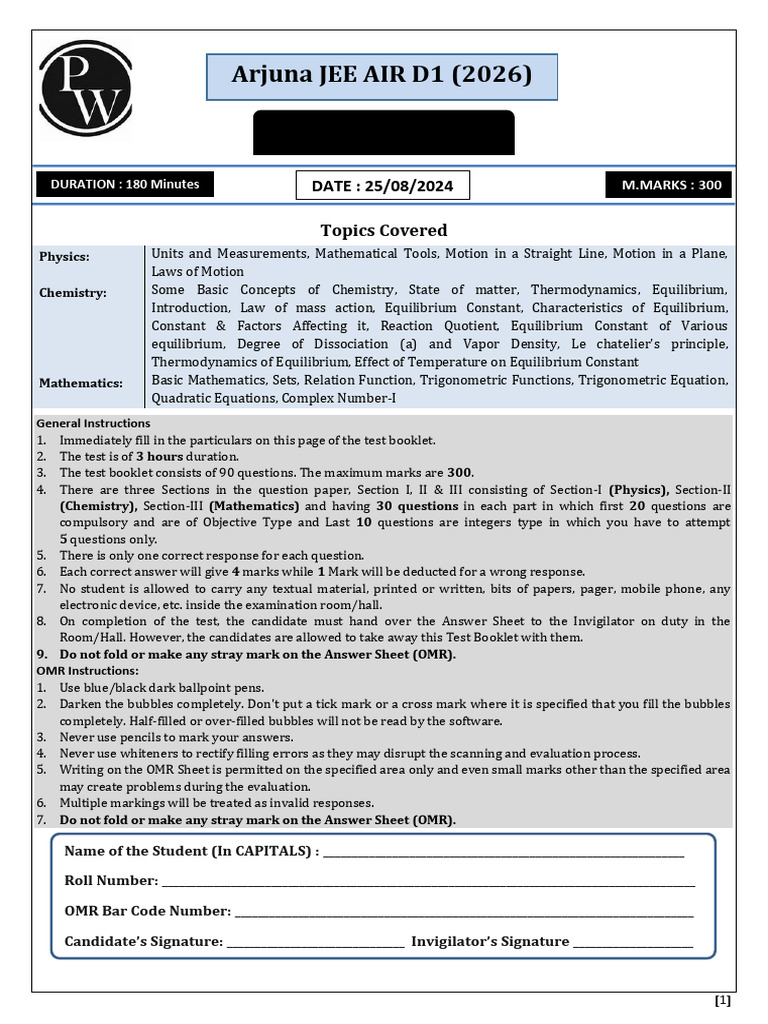 Weekly Test 04 _ Test Paper __ Arjuna JEE AIR D1 2026 | PDF | Chemical ...