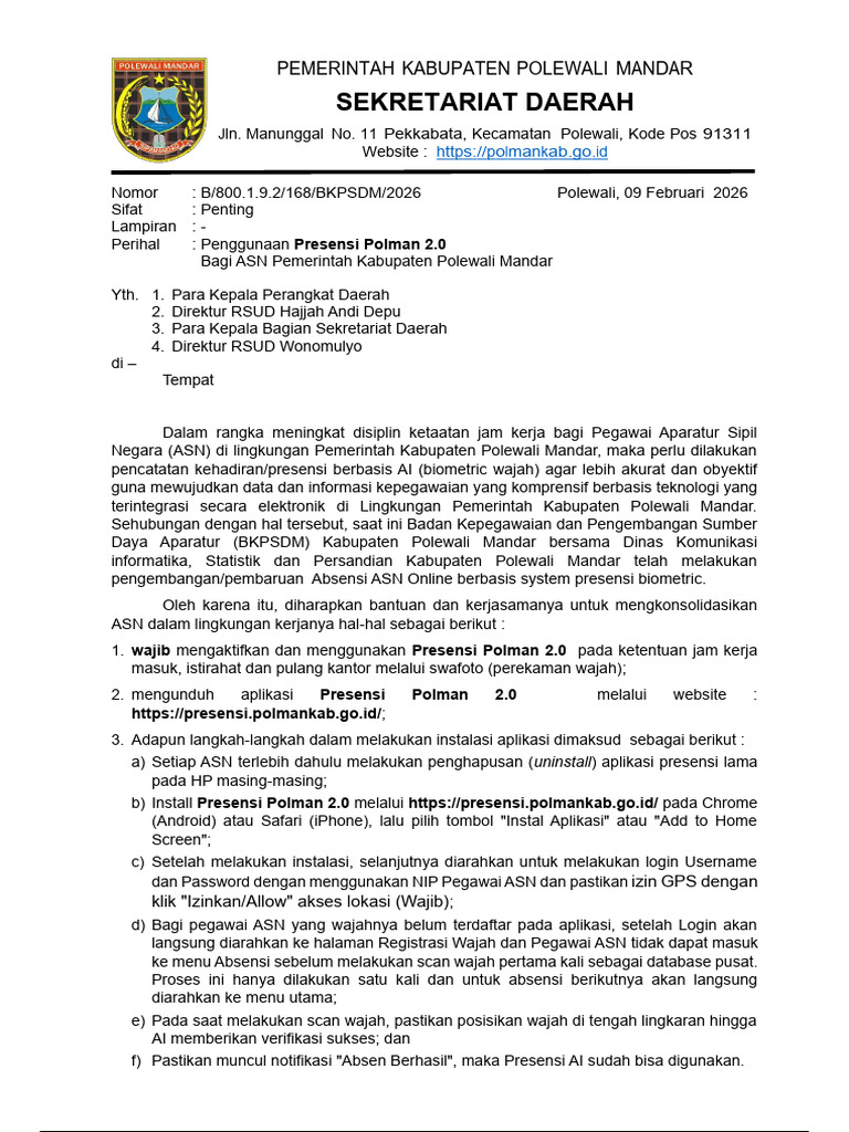 Surat Sekda Presensi Polman 2 0-1 | PDF