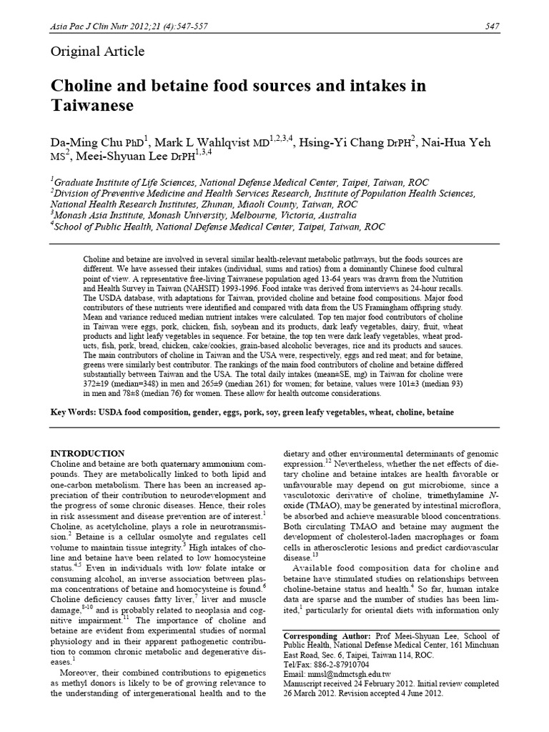 THM - Choline and Betaine Food Sources and Intakes in Taiwanese | PDF