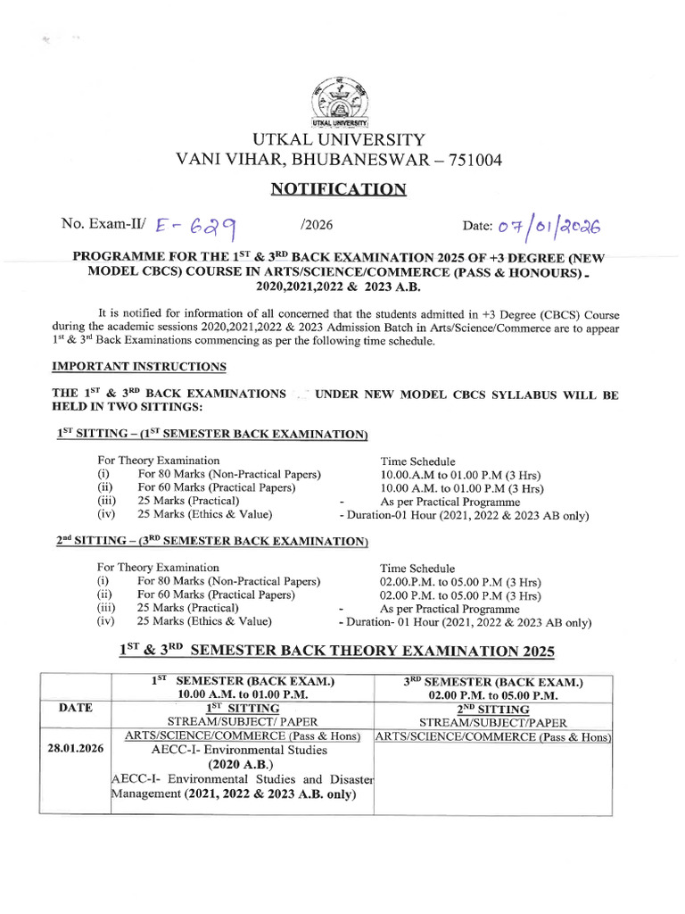 1st 3rd Back Exam Programme 2025 | PDF