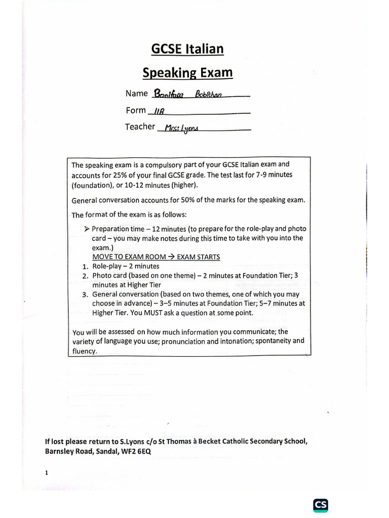 Italian Speaking Booklet | PDF