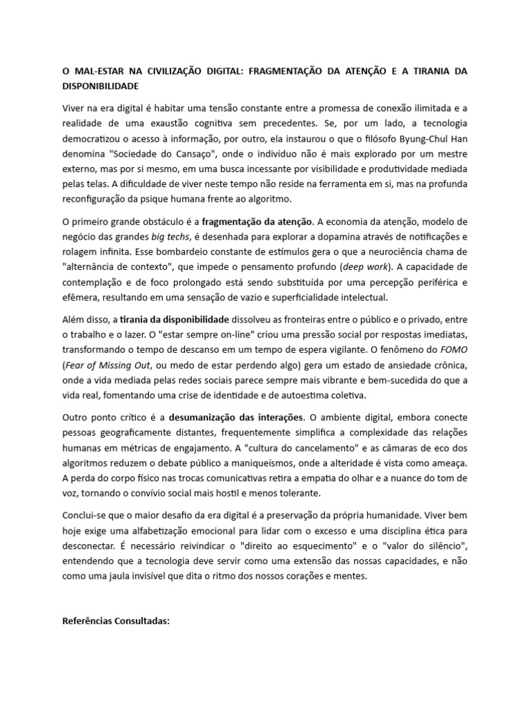 O Mal-Estar Na Civilização Digital Fragmentação Da Atenção e A Tirania ...