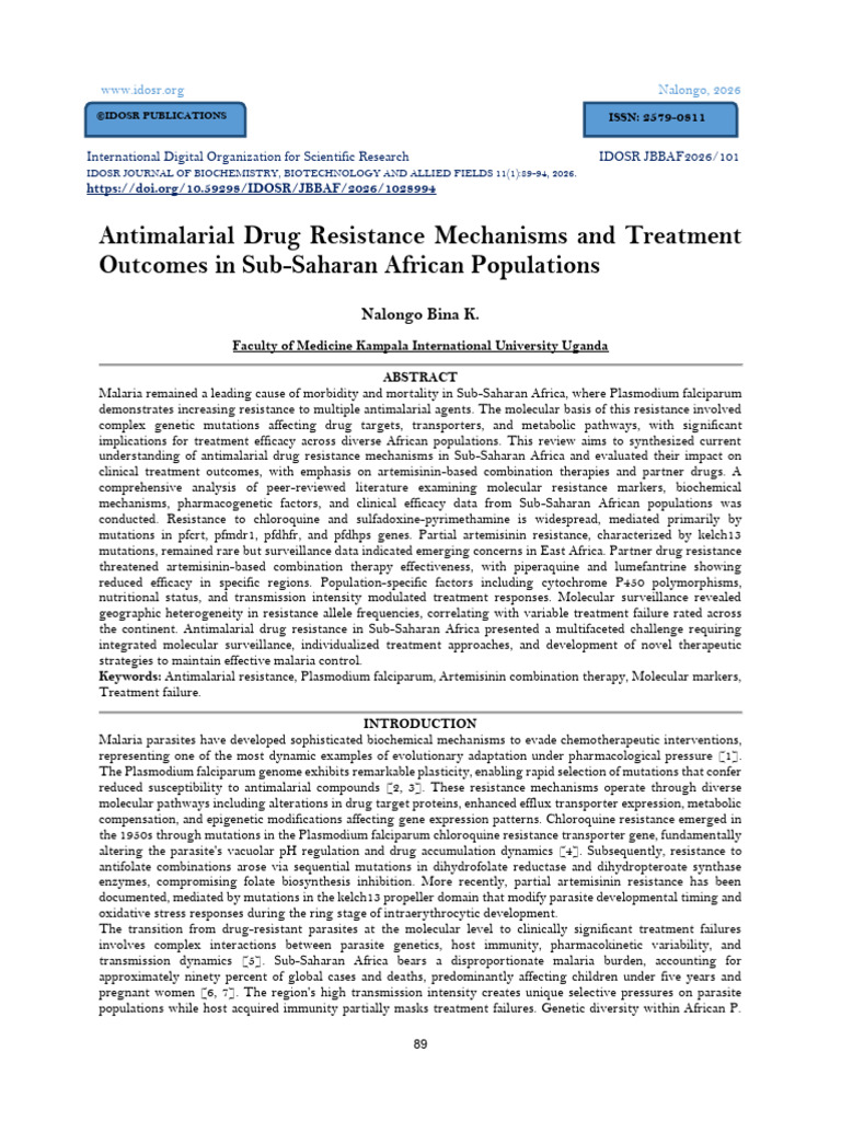 Antimalarial Drug Resistance Mechanisms and Treatment Outcomes in Sub ...
