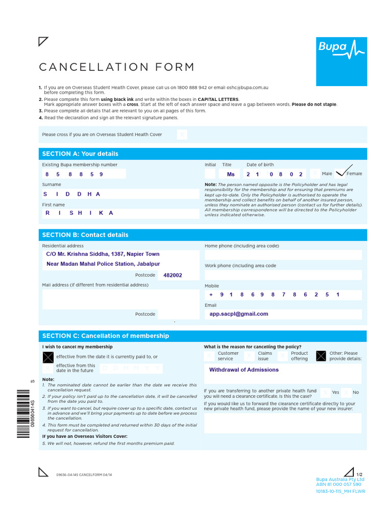 Cancellation Form - Bupa Signed | PDF