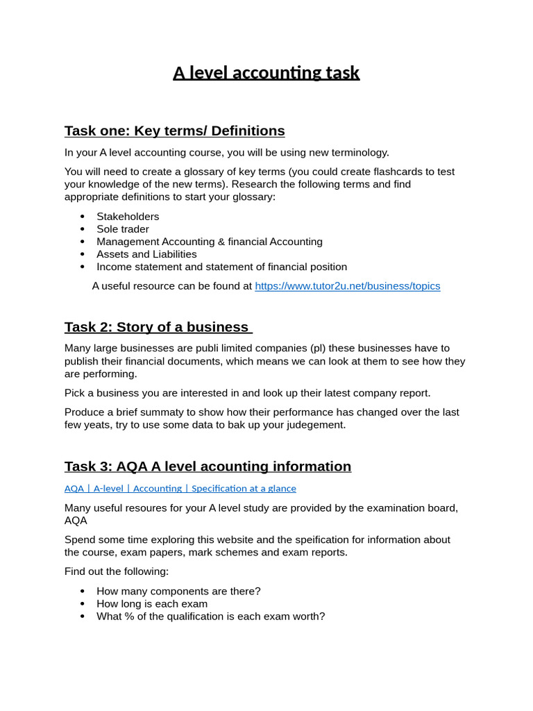 A Level Accounting Summer Task | PDF
