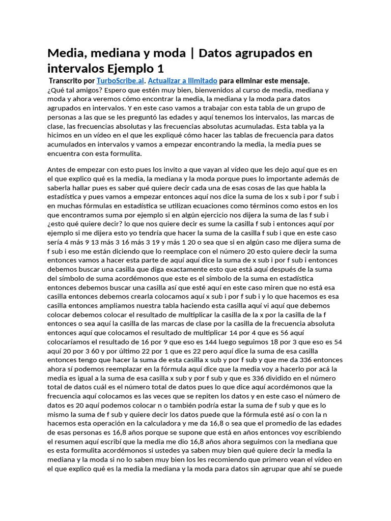 Media, Mediana y Moda - Datos Agrupados en Intervalos Ejemplo 1 | PDF ...