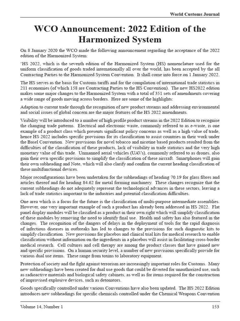 Wco Announcement 2022 Edition of The Harmonized System | PDF