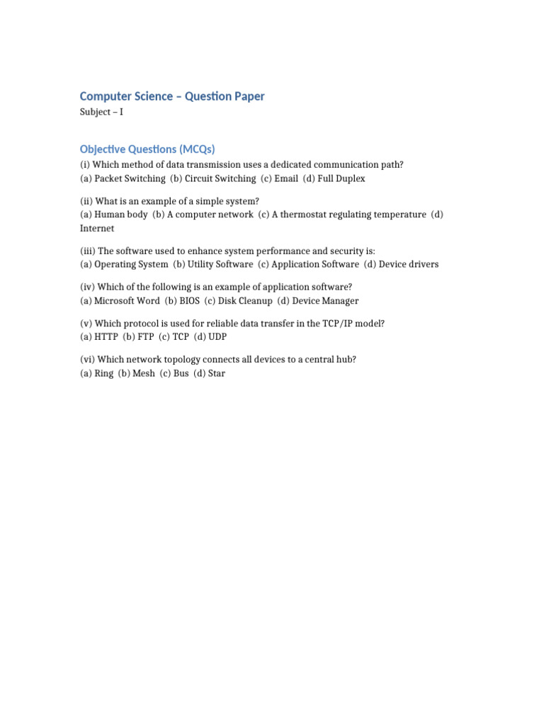 Computer Science Question Paper | PDF