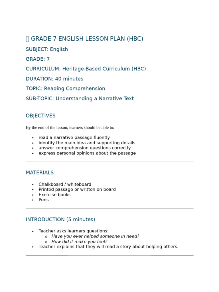 Lesson Plan For Grade 7 English Language Aligned in HBC | PDF