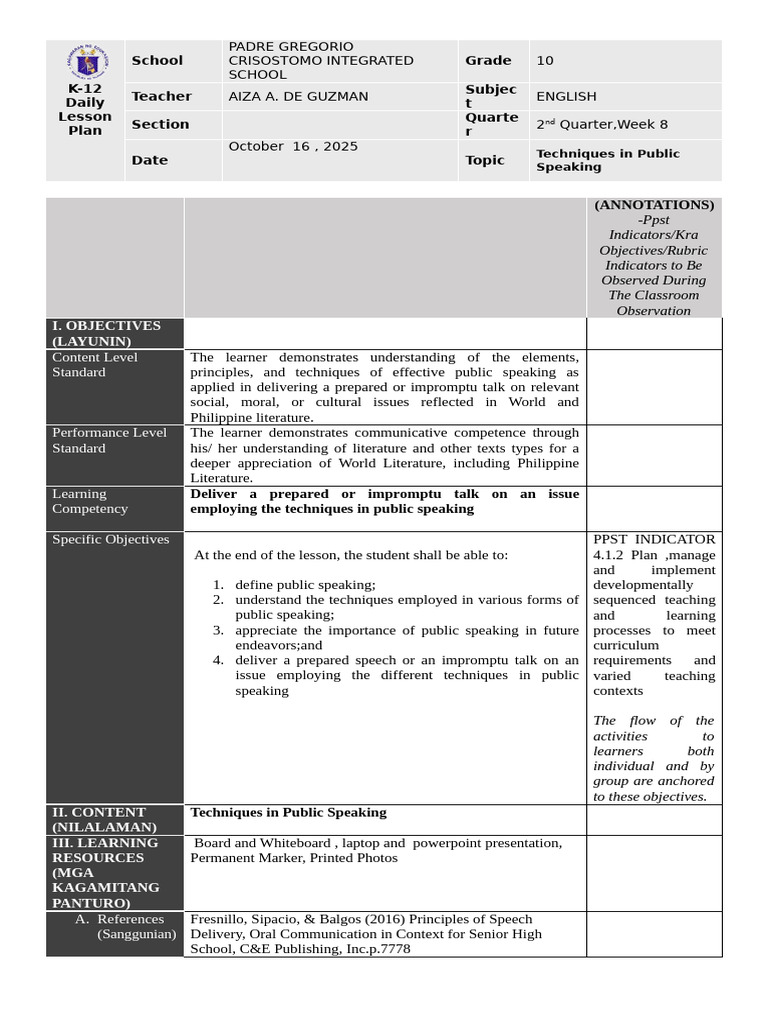 Lesson Plan-Technques-Public Speaking | PDF | Public Speaking | Learning