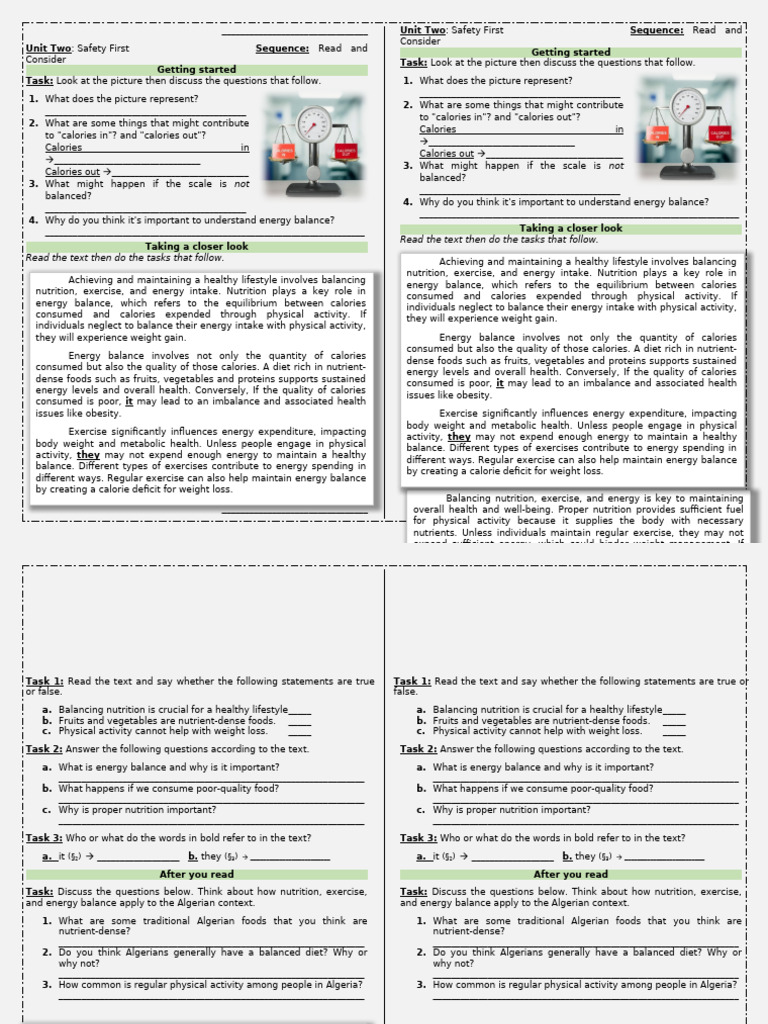 8. Read & Consider - Engery Balance - Handout | PDF | Dieting | Energy ...