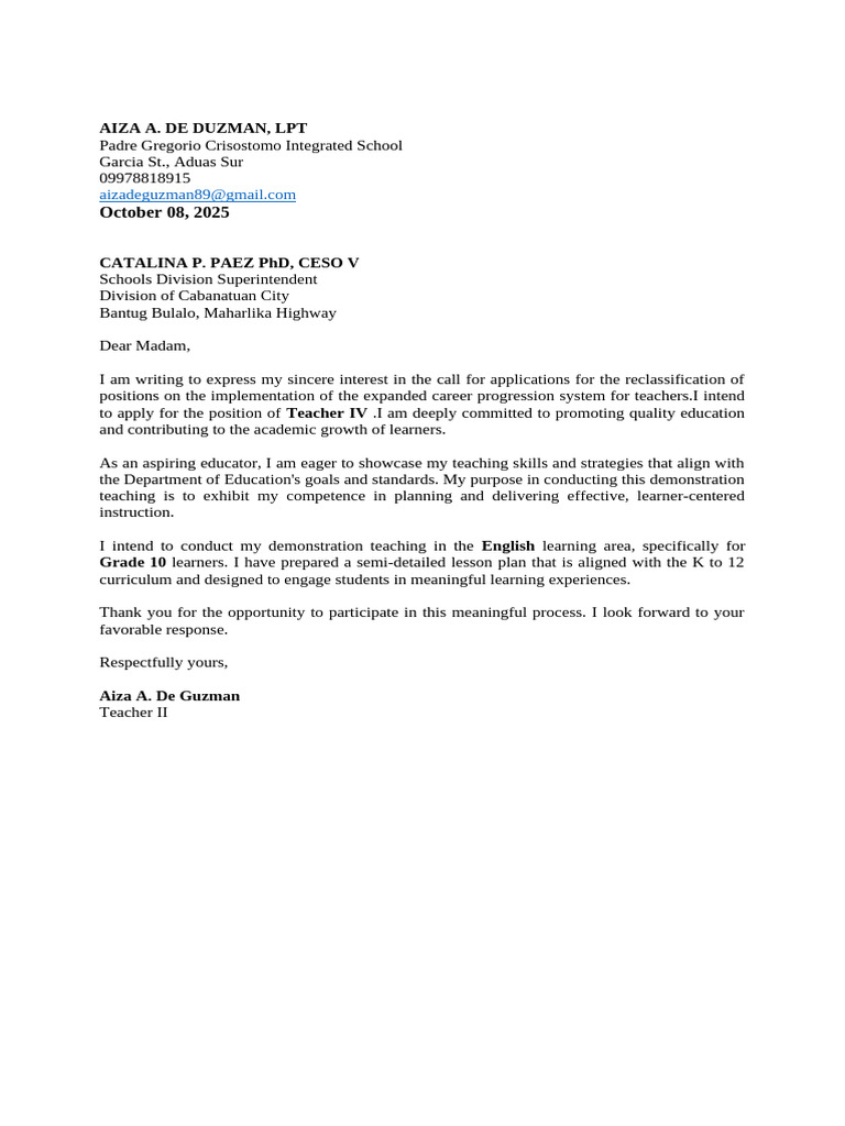 Letter of Intent-Teaching Position | PDF