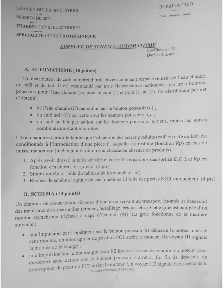 Sujet BEP Schéma Auto 2024 | PDF