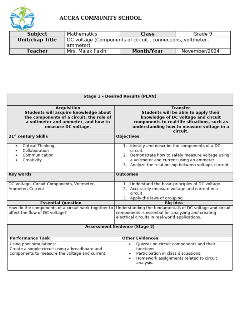 Grade 9-Physics-Ubd - DC Voltage and Oscilloscope | PDF | Voltage ...