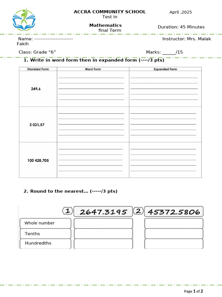 Mathematics - Grade 6 - Decimals Test | PDF