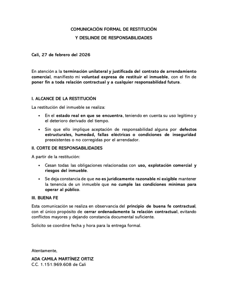 Comunicación Formal de Restitución | PDF