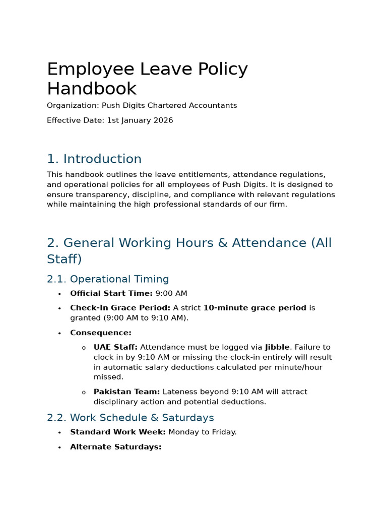 Employee Leave Policy Handbook - Push Digits | PDF | Workweek And ...
