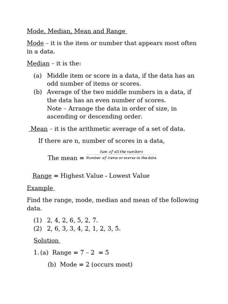 Mode, Median, Mean and Range | PDF