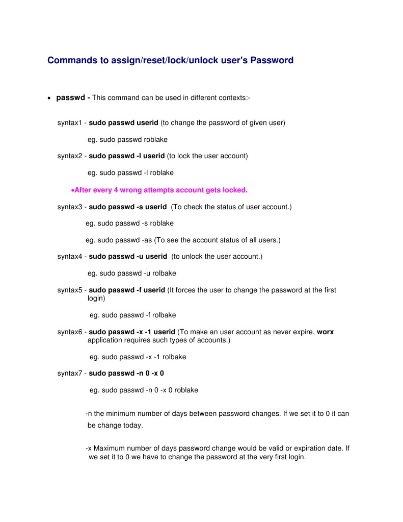 Commands To Assign - Reset - Lock - Unlock User's Password | PDF