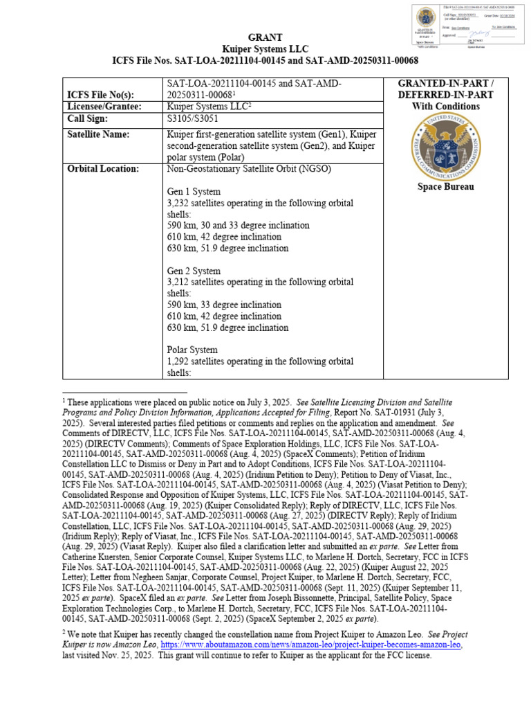 Kuiper Systems LLC - Granted-In-Part Deferred-In-Part February 10, 2026 ...