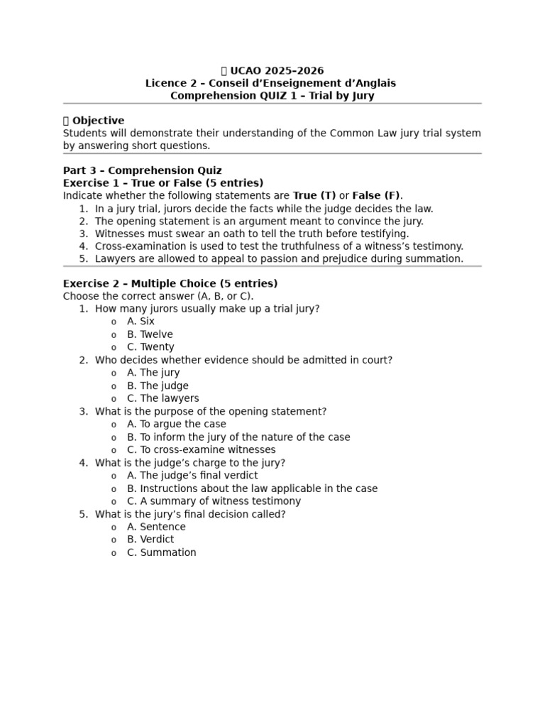 Trial by Jury QUIZ 1 | PDF