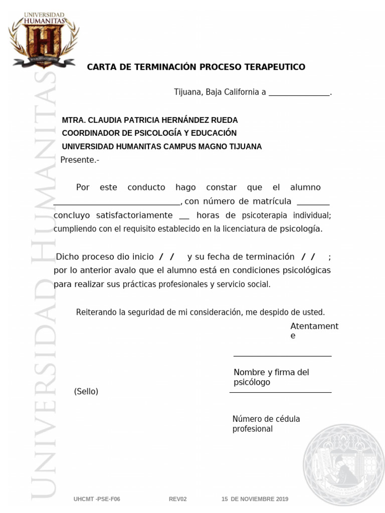 Carta de Terminación Proceso Terapeutico | PDF
