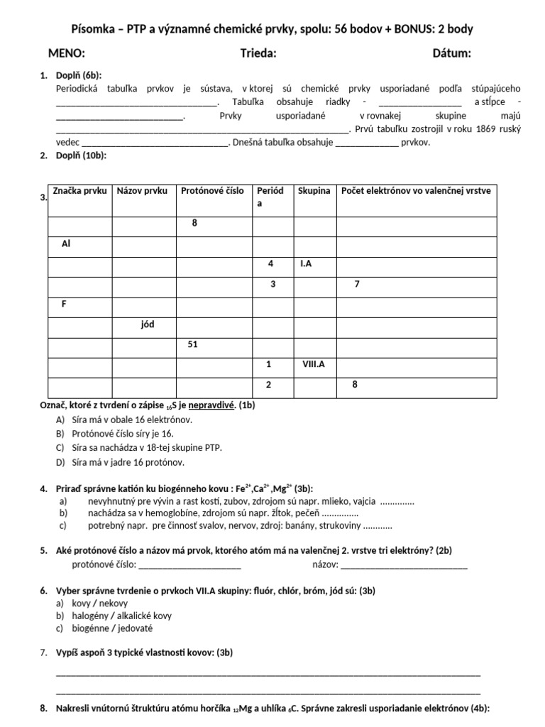 Písomka - PTP a Chemicky Významné Prvky | PDF
