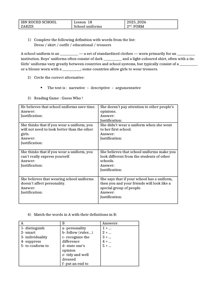 School Uniforms Worksheet A4 | PDF | Skirt | Fashion