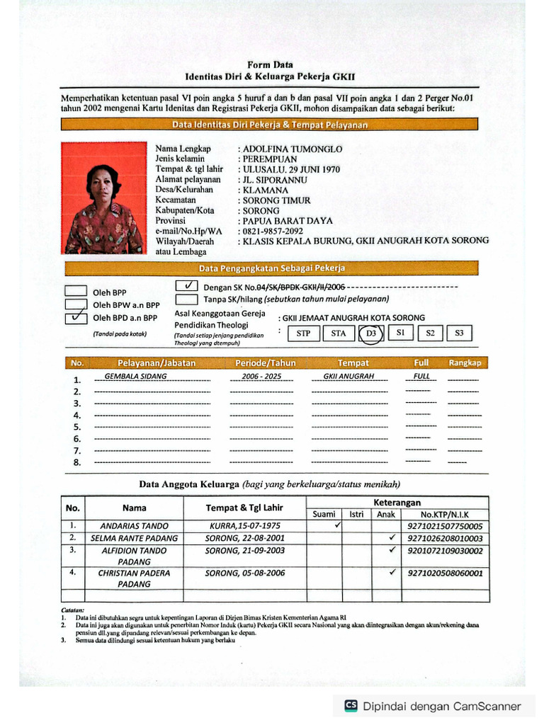 Form Data Pengerja Gkii Anugrah Kota Sorong | PDF