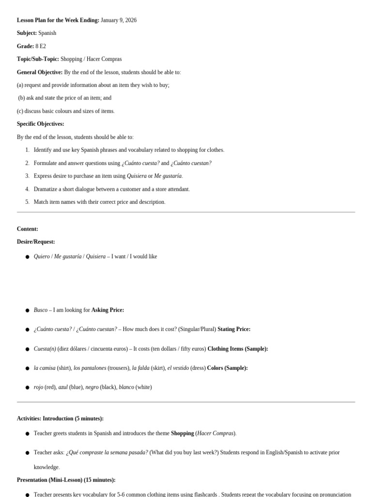 Week 1 Spanish - Grade (8E2) (1) | PDF | Human Communication | Linguistics