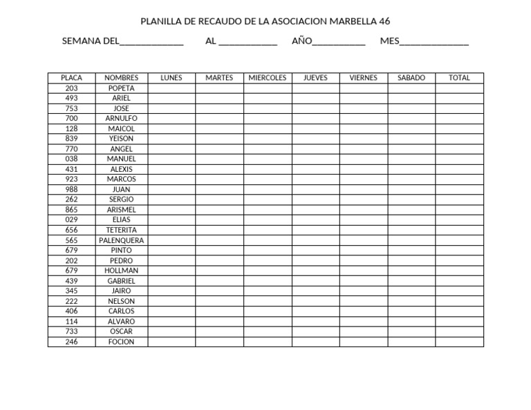 Planilla de Recaudo de La Asociacion Marbella 46 | PDF