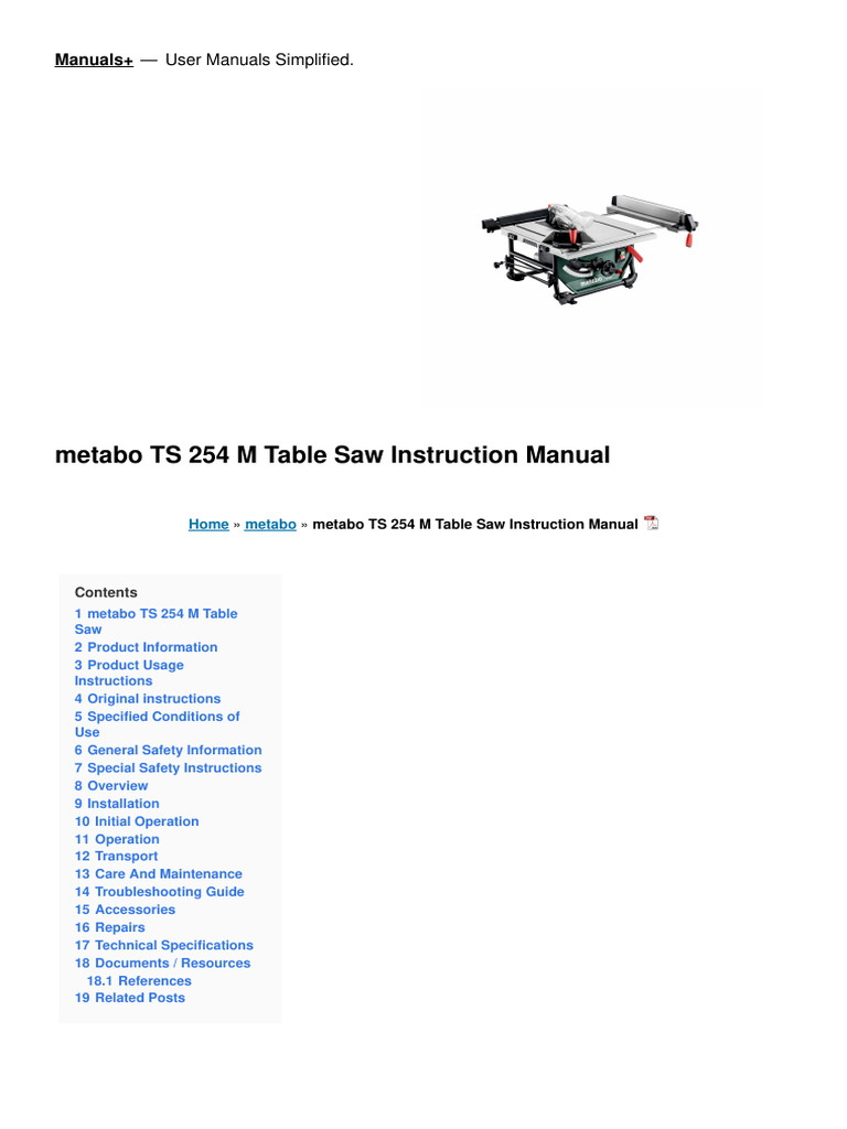Ts 254 M Table Saw Manual | PDF | Screw | Personal Protective Equipment