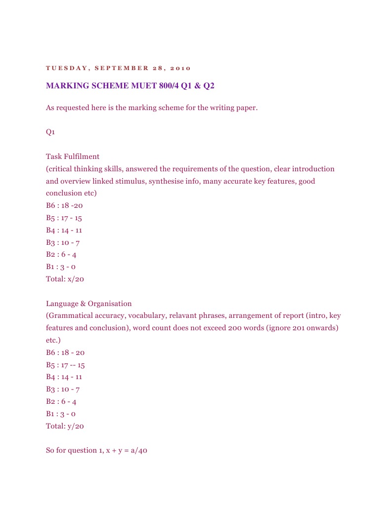 MUET Mark Scheme | Download Free PDF | Neuropsychological Assessment ...