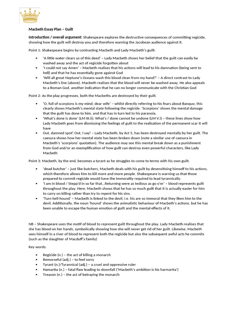 Macbeth Essay Plan - Guilt NAD | PDF | Macbeth