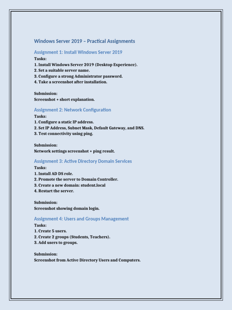 Windows Server 2019 Practical Assignments | PDF